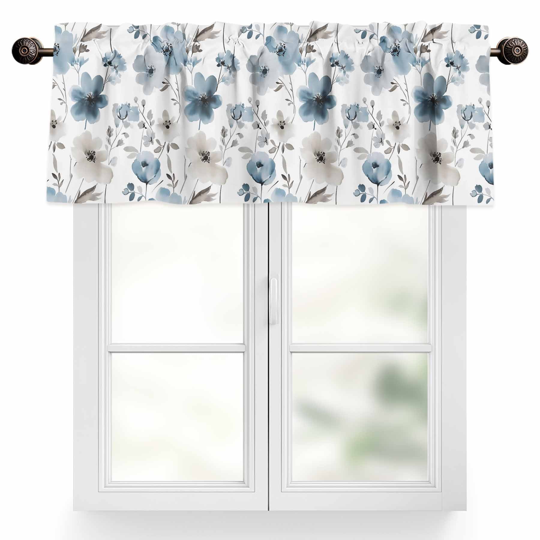 Abstract Blue Valances for Windows, 42 x 12in, Brown Floral Vintage ...