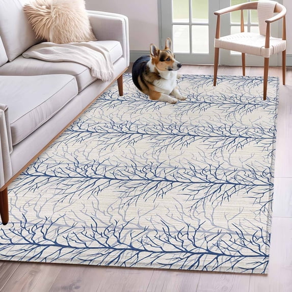 Abstract Blue Washable Area Rug 4x6 Tree Branch Pattern Low-Profile ...