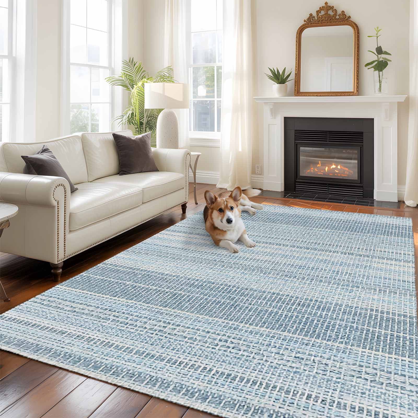 Abstract Blue Washable Area Rug 8x10 Rustic Farmhouse Minimalist Light ...