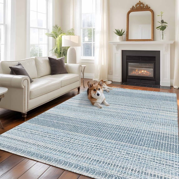 Abstract Blue Washable Area Rug 8x10 Rustic Farmhouse Minimalist Light ...