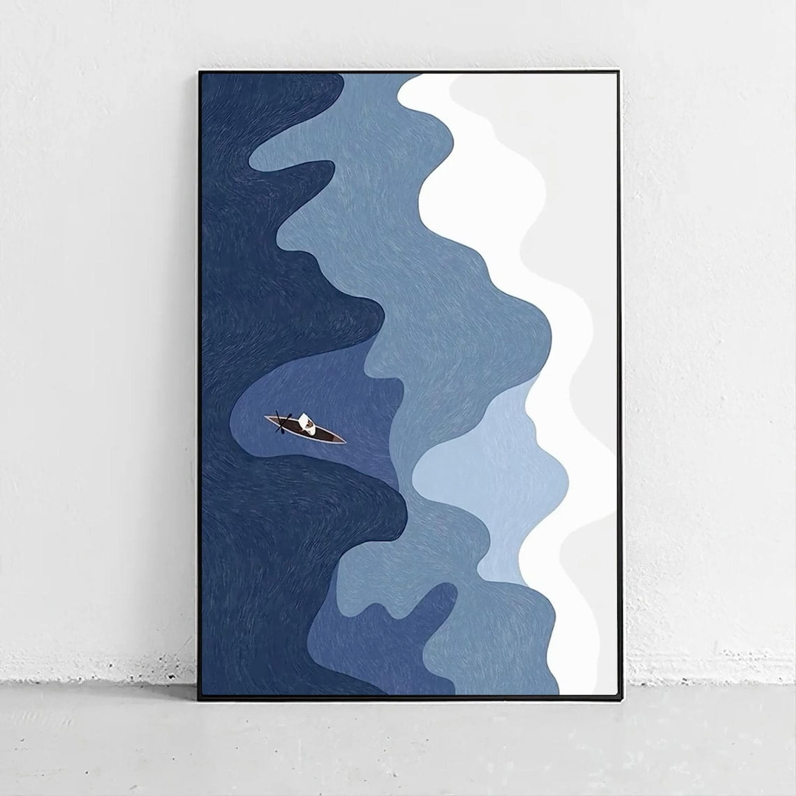 Abstract Blue Wave Art Minimalist Ocean Landscape Rowboat Coastal Decor ...