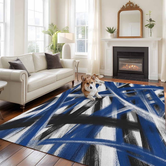 Abstract Blue Waves Washable Area Rug 5x8 Modern Minimalist Blue Black ...