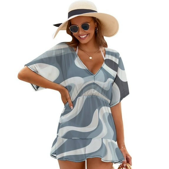 Abstract Blue Wavy Pattern Design Beach Cover Ups Women V Neck Short ...