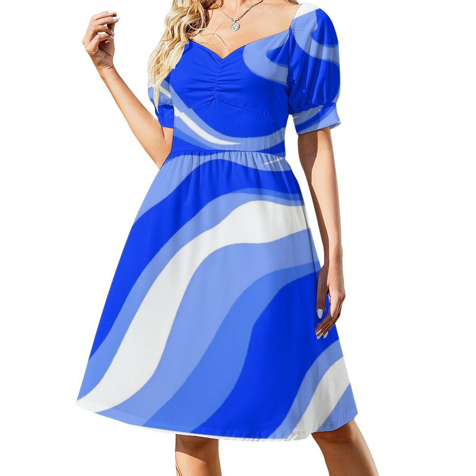 Abstract Blue Wavy Pattern Design Short Sleeve Dress Clothes Women's ...