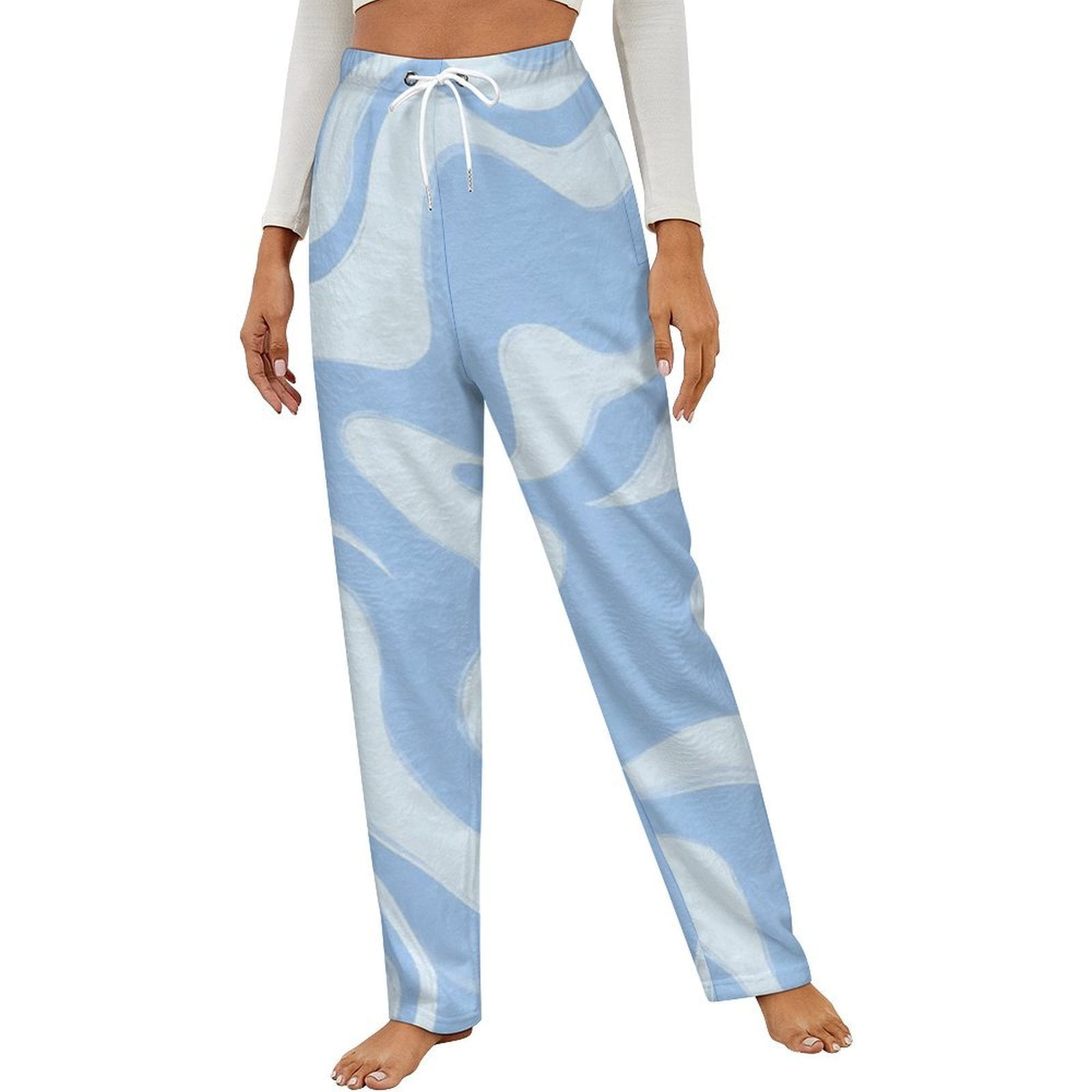 Abstract Blue Wavy Pattern Design Winter Female Pants Flannel High ...