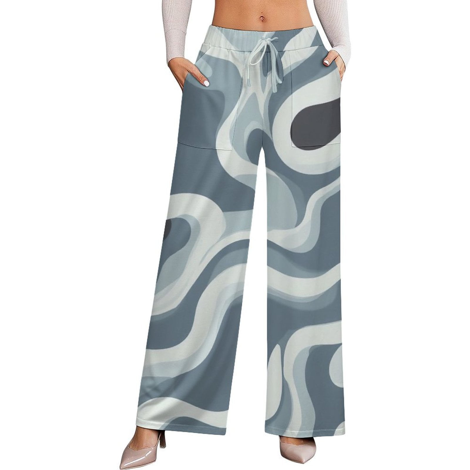 Abstract Blue Wavy Pattern Design Women's Casual Wide Leg Pants Comfort ...