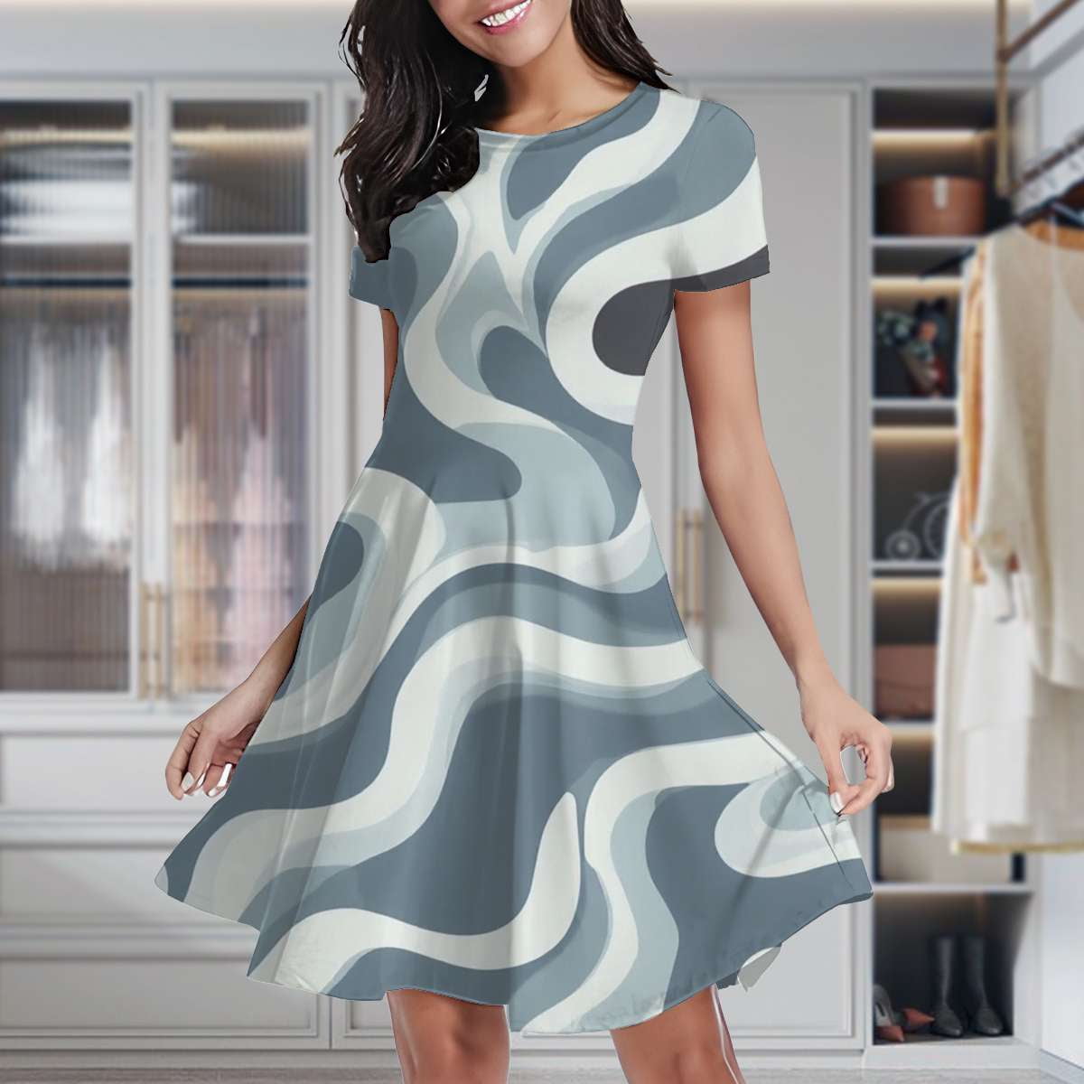 Abstract Blue Wavy Pattern Design Women's Classic Swing Skater Dress ...