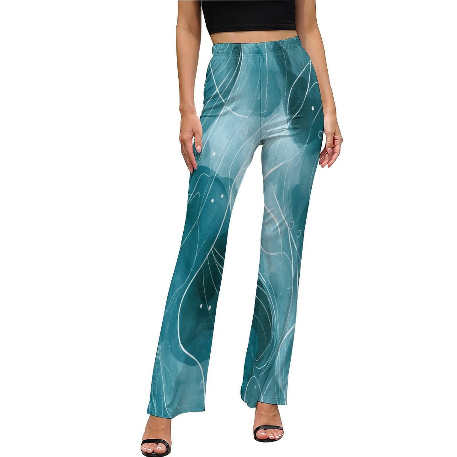 Abstract Blue Wavy Pattern High Waisted Casual Flared Trousers Summer ...