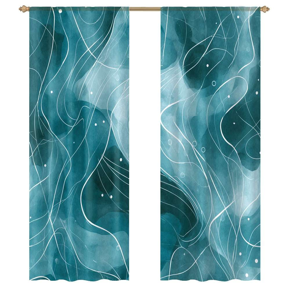 Abstract Blue Wavy Pattern Sheer Voile Curtain Window Tulle Curtains ...