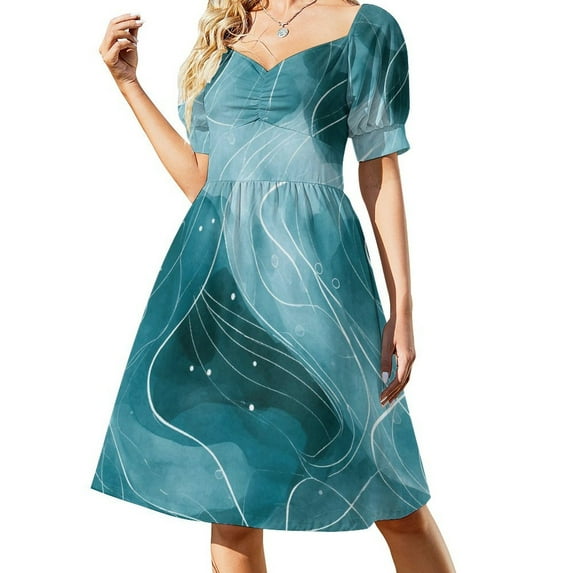 Abstract Blue Wavy Pattern Short Sleeve Dress Clothes Women's Summer ...