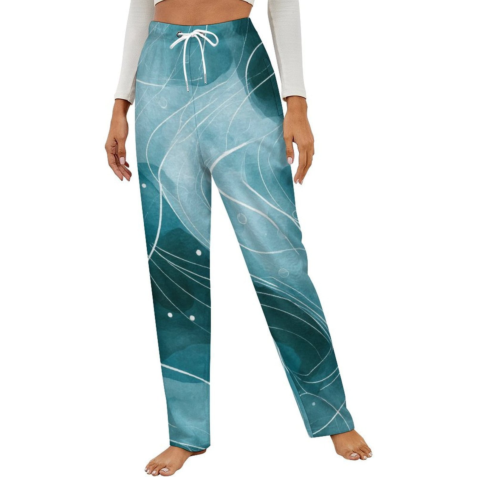 Abstract Blue Wavy Pattern Winter Female Pants Flannel High Waist Women ...