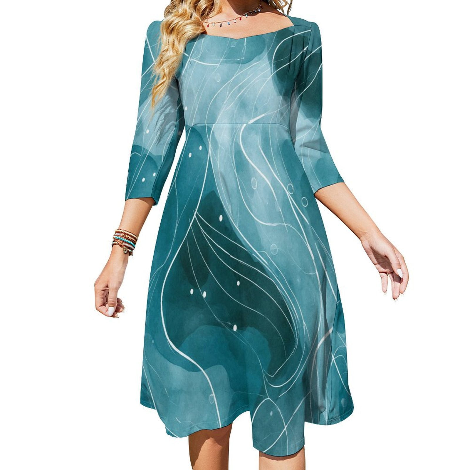 Abstract Blue Wavy Pattern Womens Summer Dress Tie Back A Line Flare ...