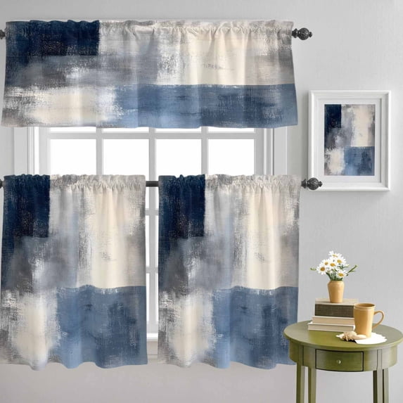 Abstract Blue White Color Block Curtain Tier and Valance Set 3 Piece ...