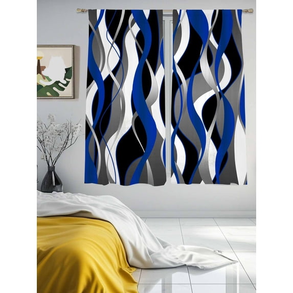 Abstract Blue White Grey Linen Sheer Curtains 2 Panels Set Modern ...