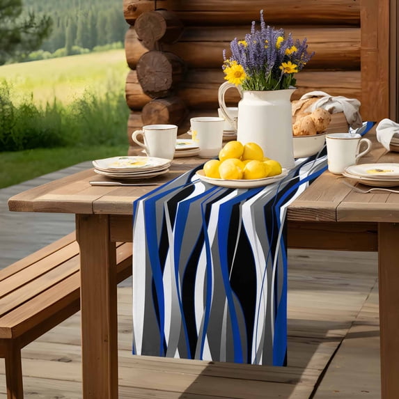 Abstract Blue White Grey Linen Table Runner 70 Inch Long Modern ...