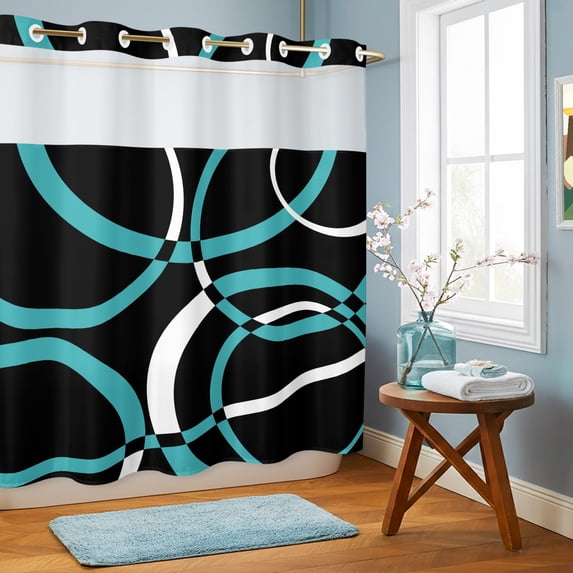 Abstract Blue White Lines No Hook Shower Curtain with See Through Top ...