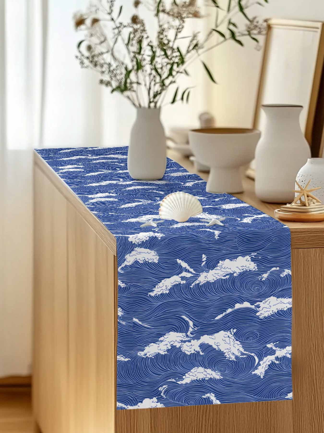 Abstract Blue White Ocean Wave Table Runner 13x48in Non-Slip Cotton ...