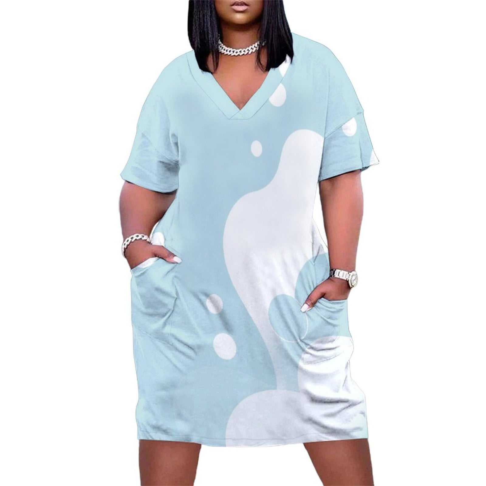 Abstract Blue White Shapes Dress Loose Pocket Dress Women Clothing 2025 New Arrivals Elegant ...