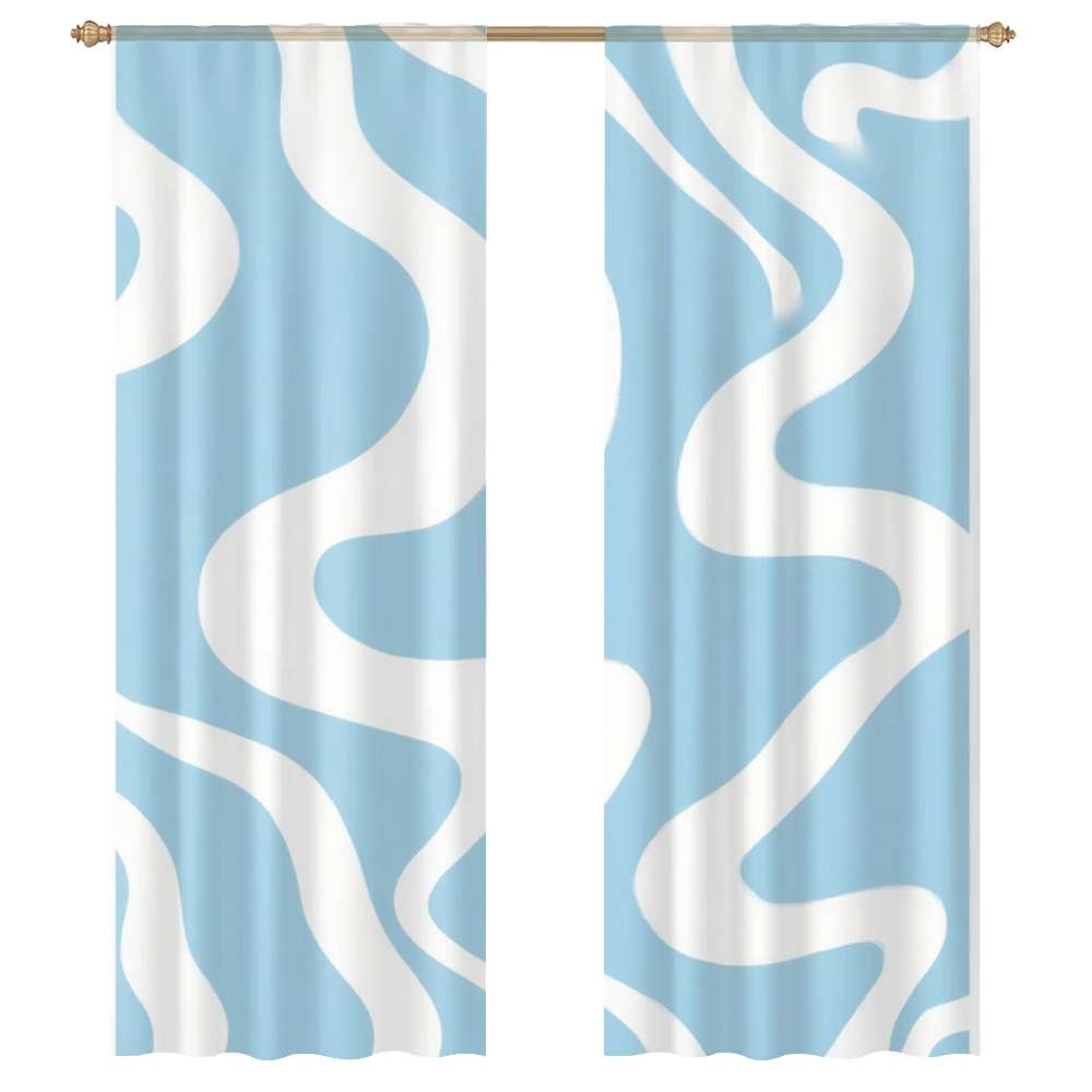 Abstract Blue White Wavy Lines Sheer Window Curtains for Living Room ...