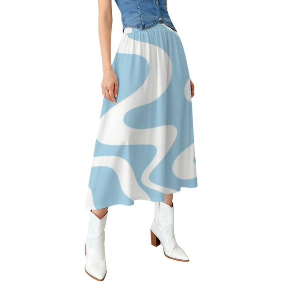 Abstract Blue White Wavy Lines Women High Waist Midi Skirt Elegant Midi ...