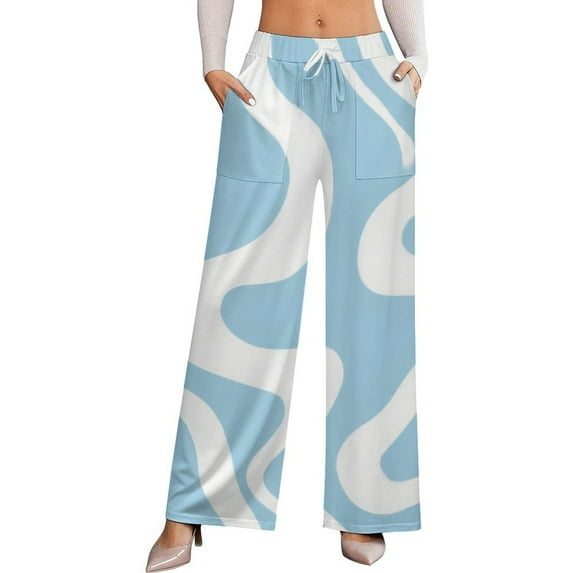 Abstract Blue White Wavy Lines Women's Casual Wide Leg Pants Comfort ...