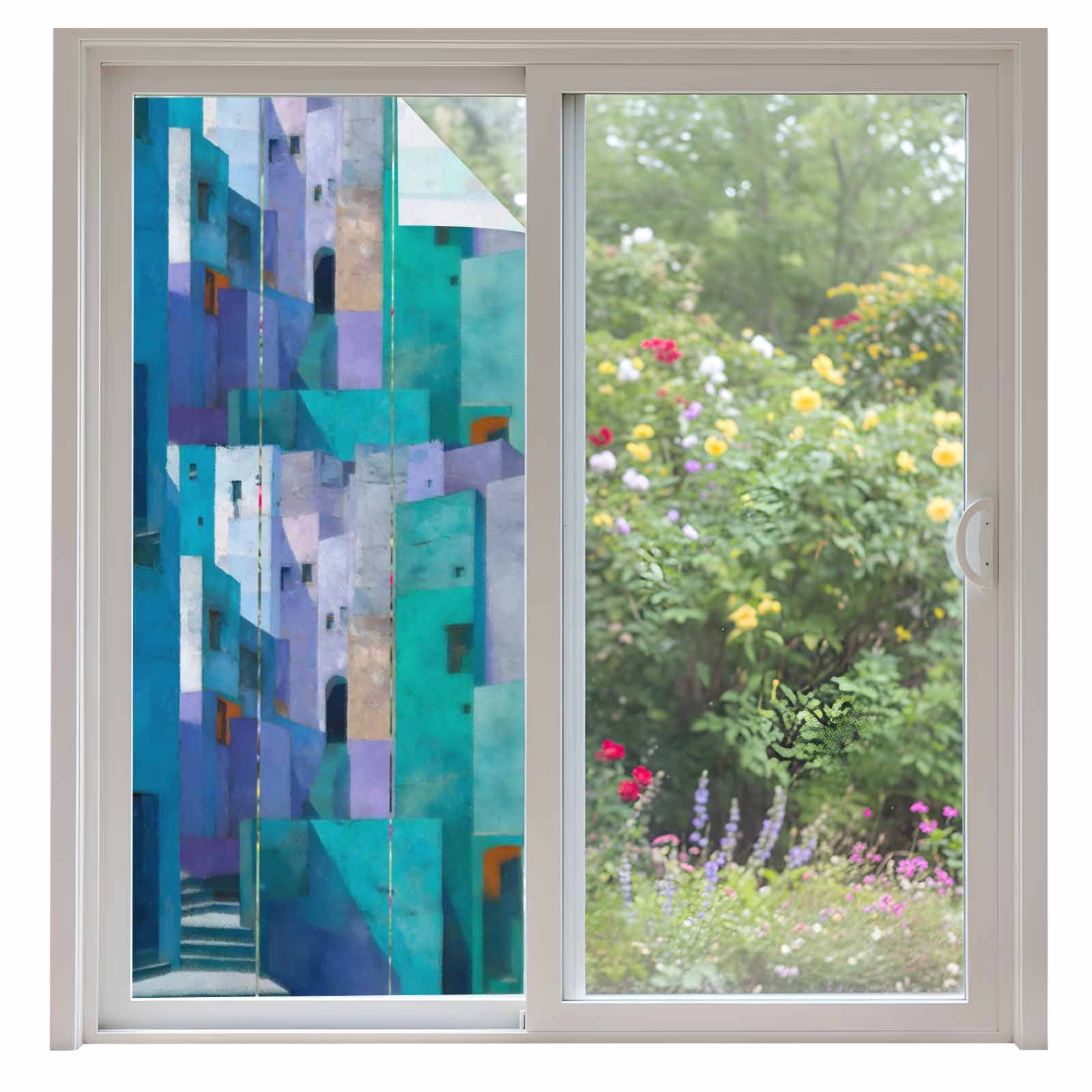 Abstract Blue Window Privacy Film, Painting Buildings Geometric Color ...