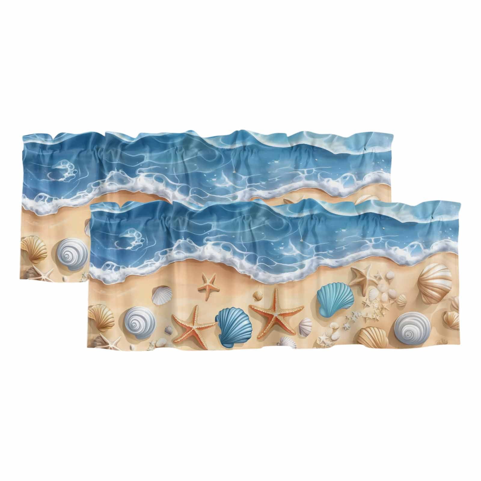 Abstract Blue Window Valance, Beach Starfish Seashell Sand Ocean Waves ...