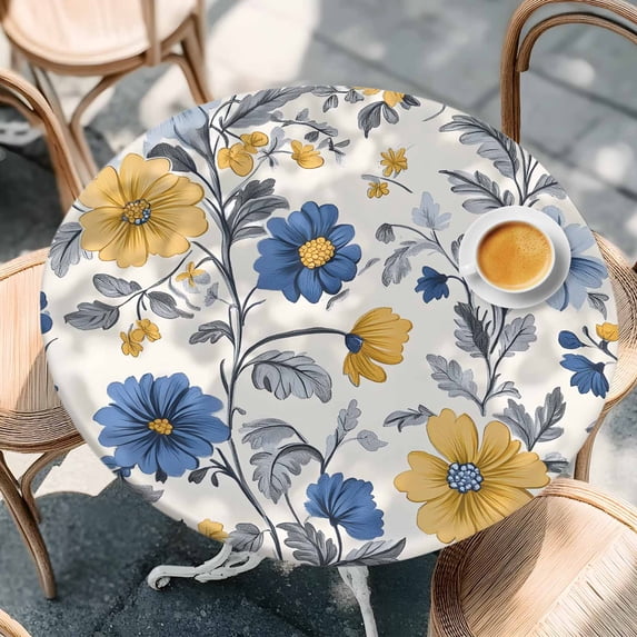Abstract Blue Yellow Flower Round Fitted Tablecloth with Elastic Edge ...