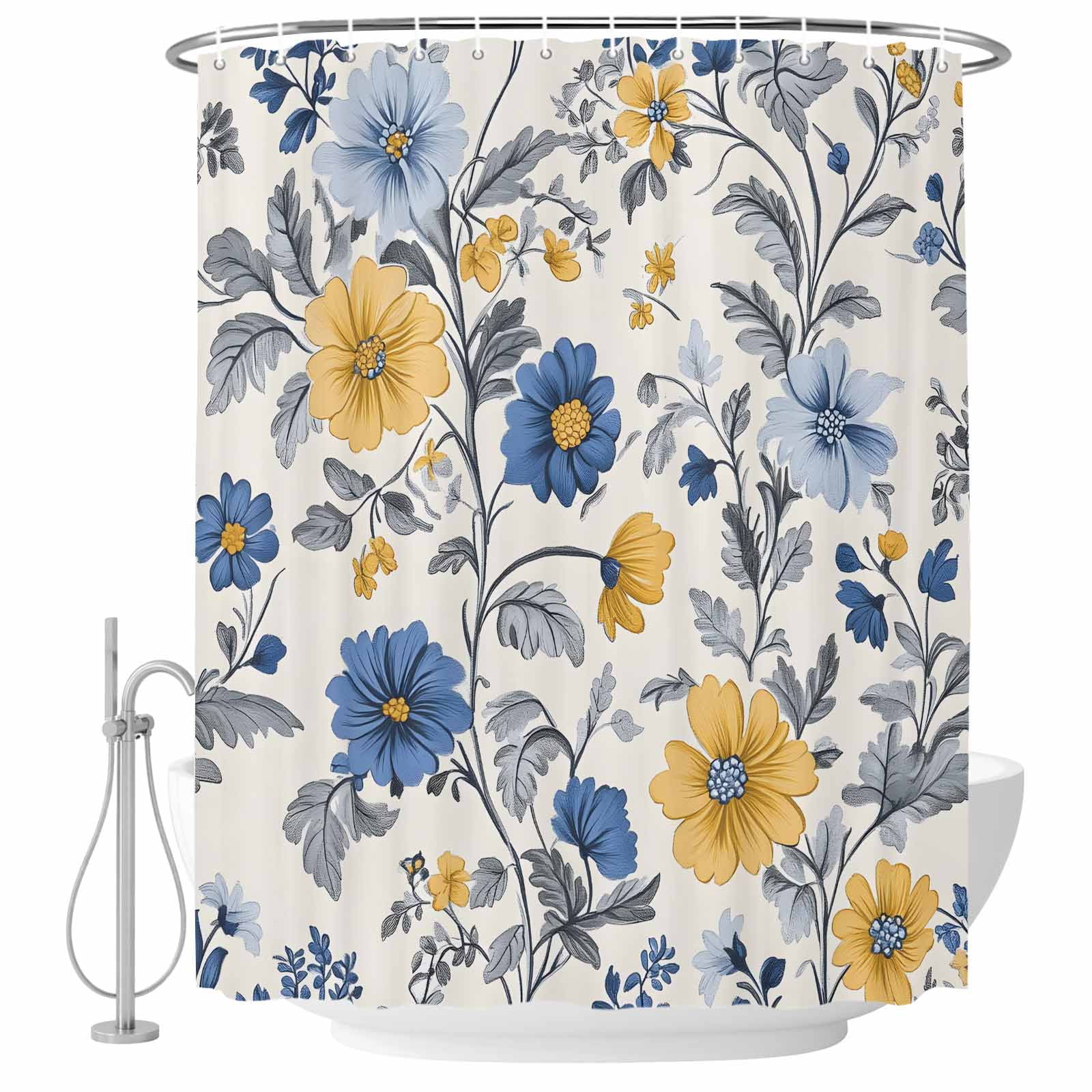 Abstract Blue Yellow Flower Shower Curtain with Rustproof Grommets ...