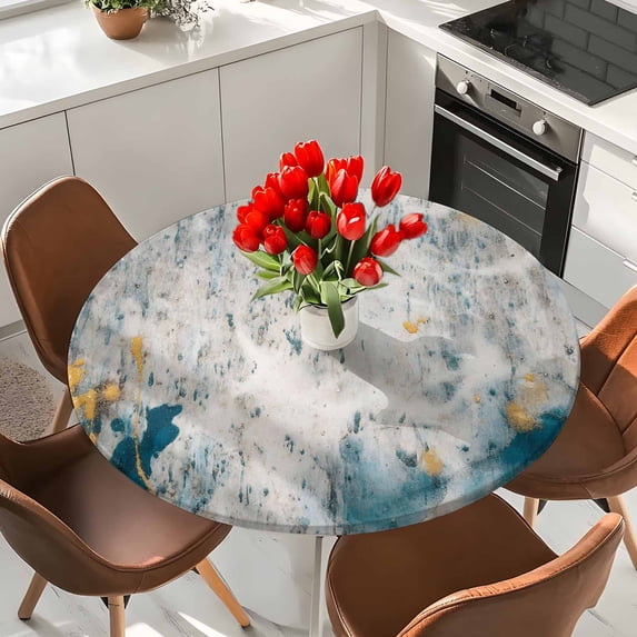 Abstract Blue Yellow on Retro Round Fitted Tablecloth with Elastic Edge ...