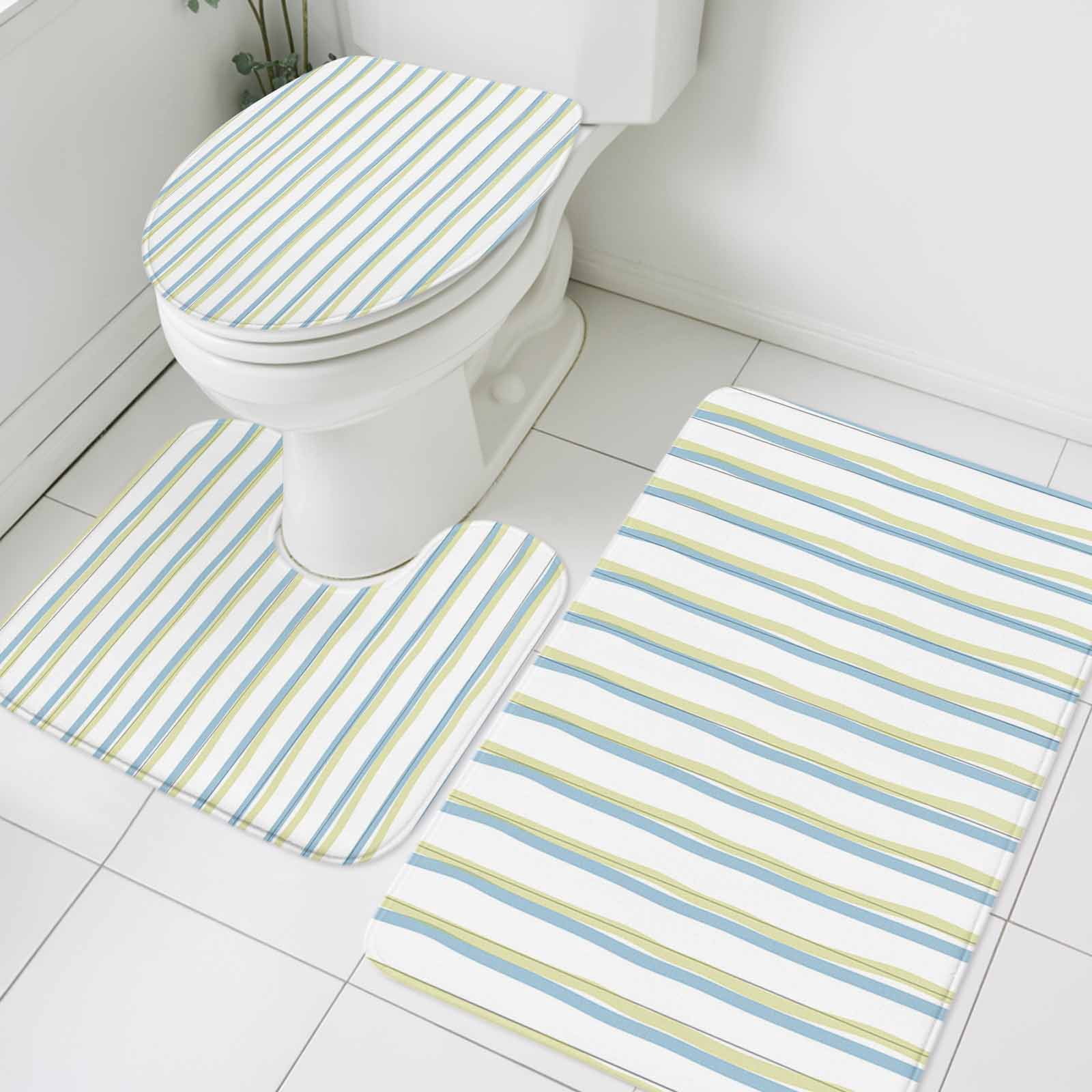 Abstract Blue Yellow Stripe Bathroom Rugs Set Modern Minimalist Blue ...
