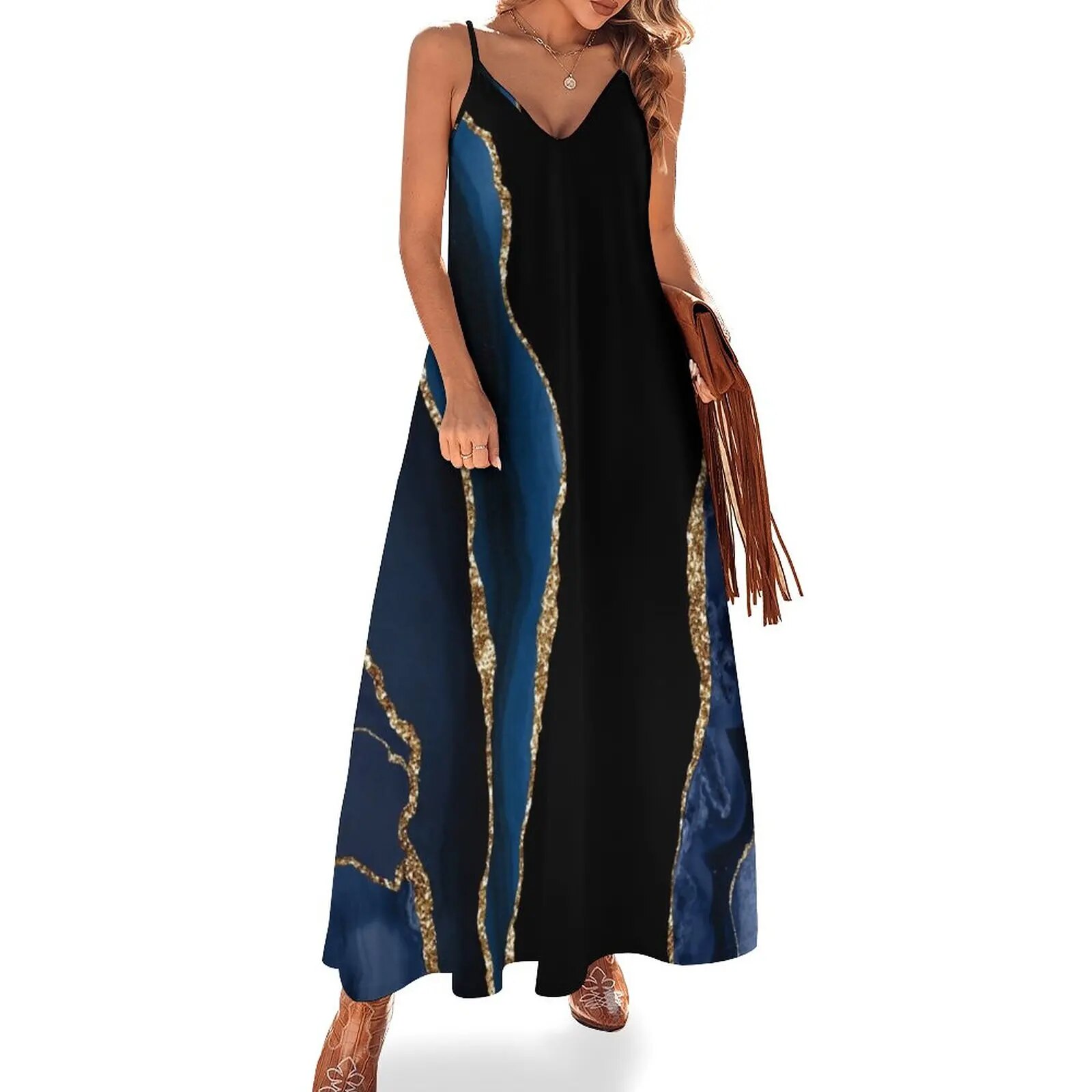 Abstract Blue and Gold Modern Geode Agate Design Sleeveless Dress Evening gown prom dresses ...
