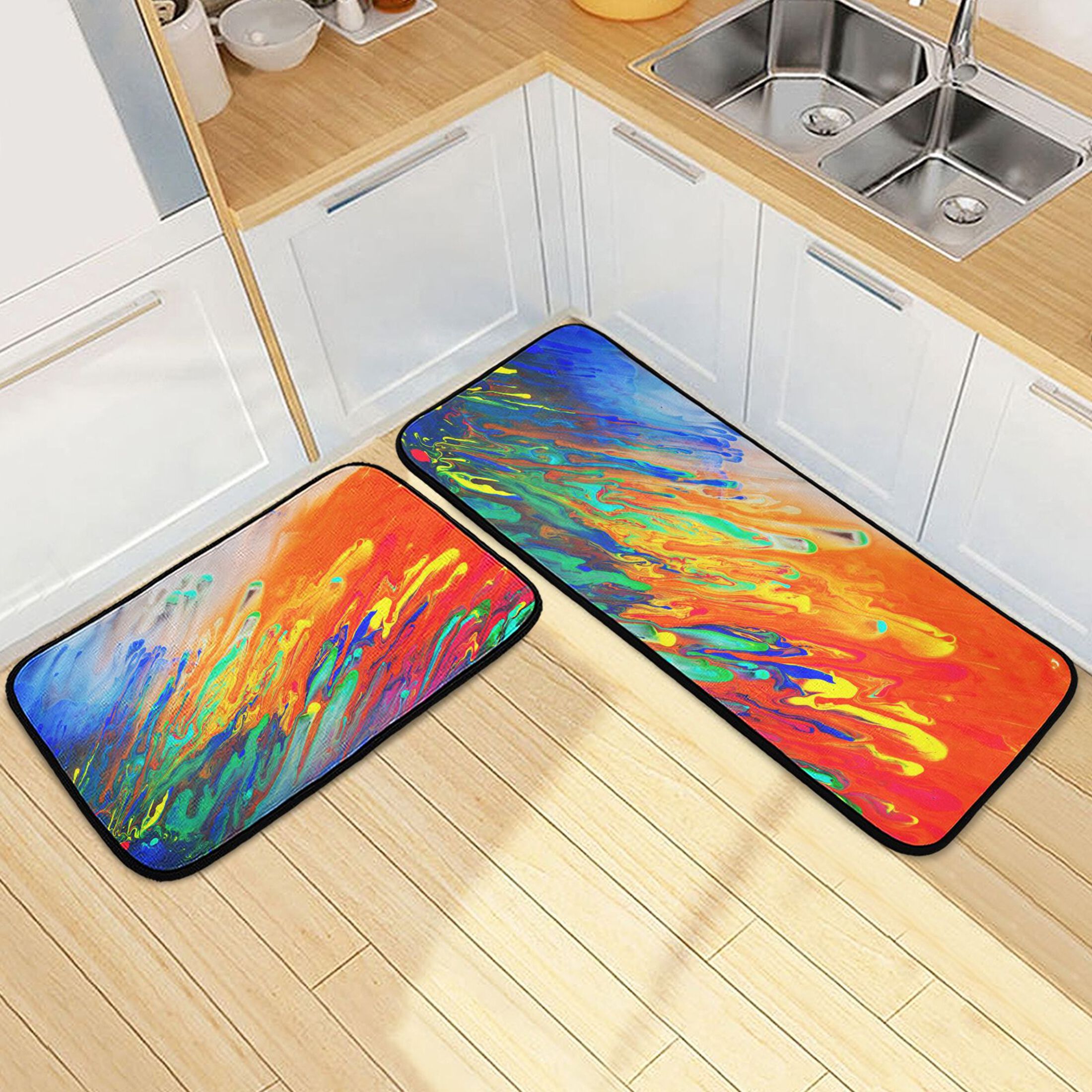 Abstract Blue and Red Kitchen Mats Set 2 Piece Non Slip Floor Foam Rugs ...