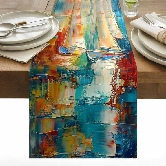 Abstract Boat Table Runner 13x72 inch Color Minimalist Art Oil Painting ...