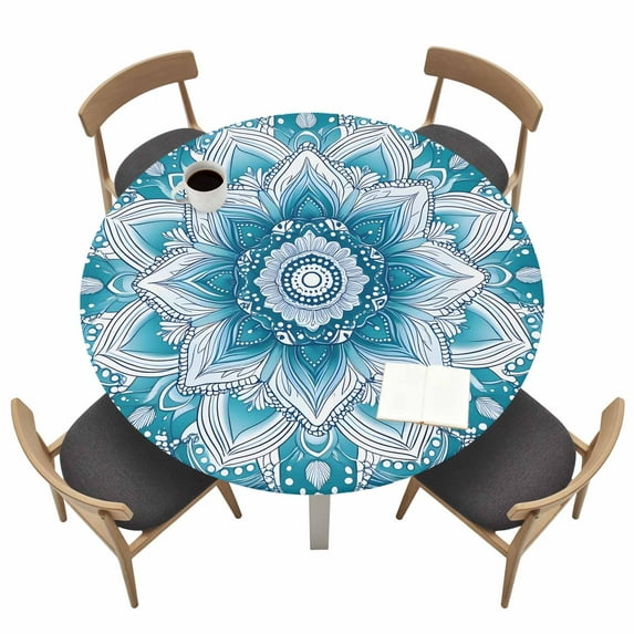 Abstract Bohemia Style Round Fitted Tablecloth with Elastic Edge Blue ...