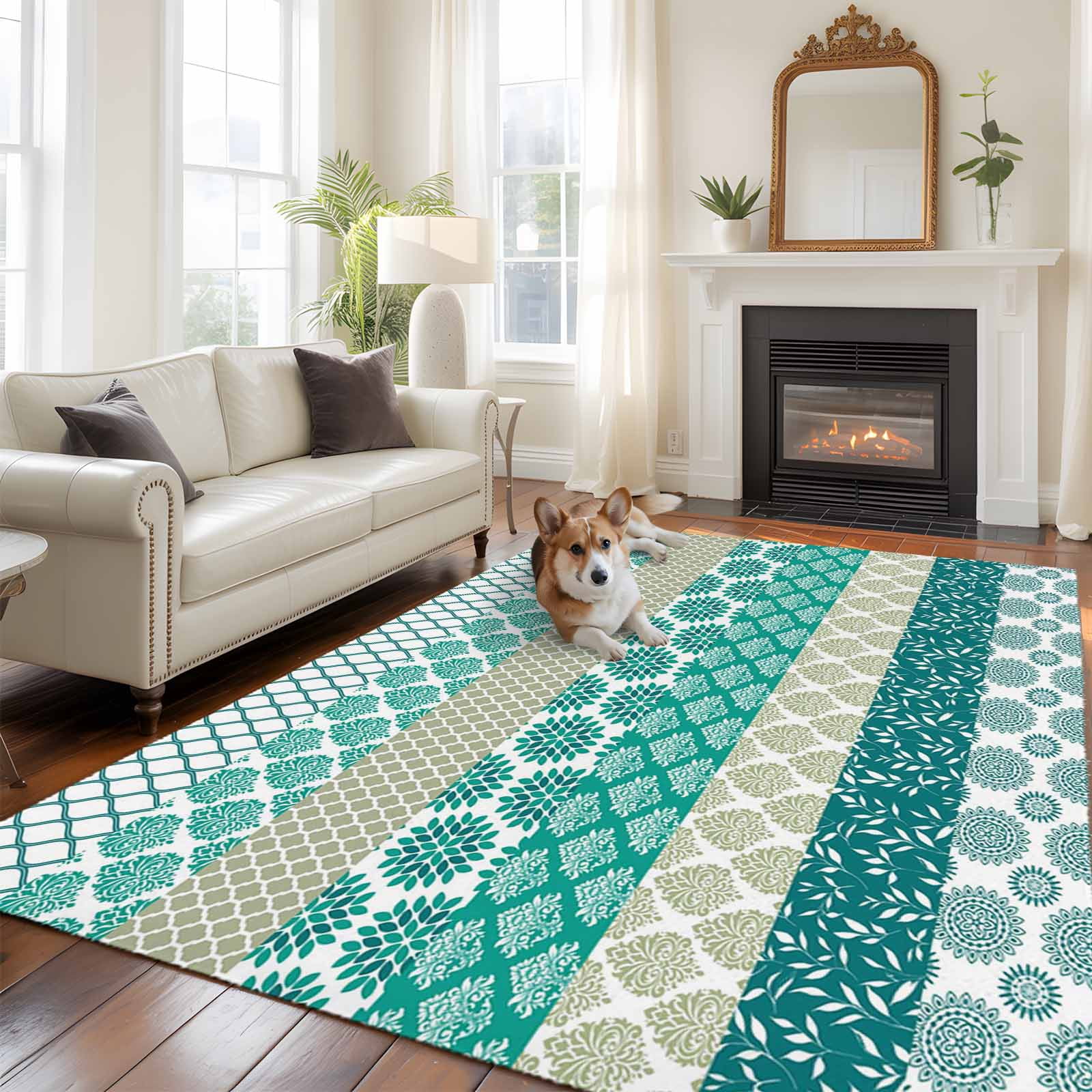 Abstract Bohemian Area Rugs 5x7 ft Teal Green Boho Floral Stripes Lines ...