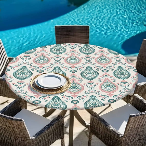 Abstract Bohemian Flowers Round Fitted Tablecloth with Elastic Edge ...