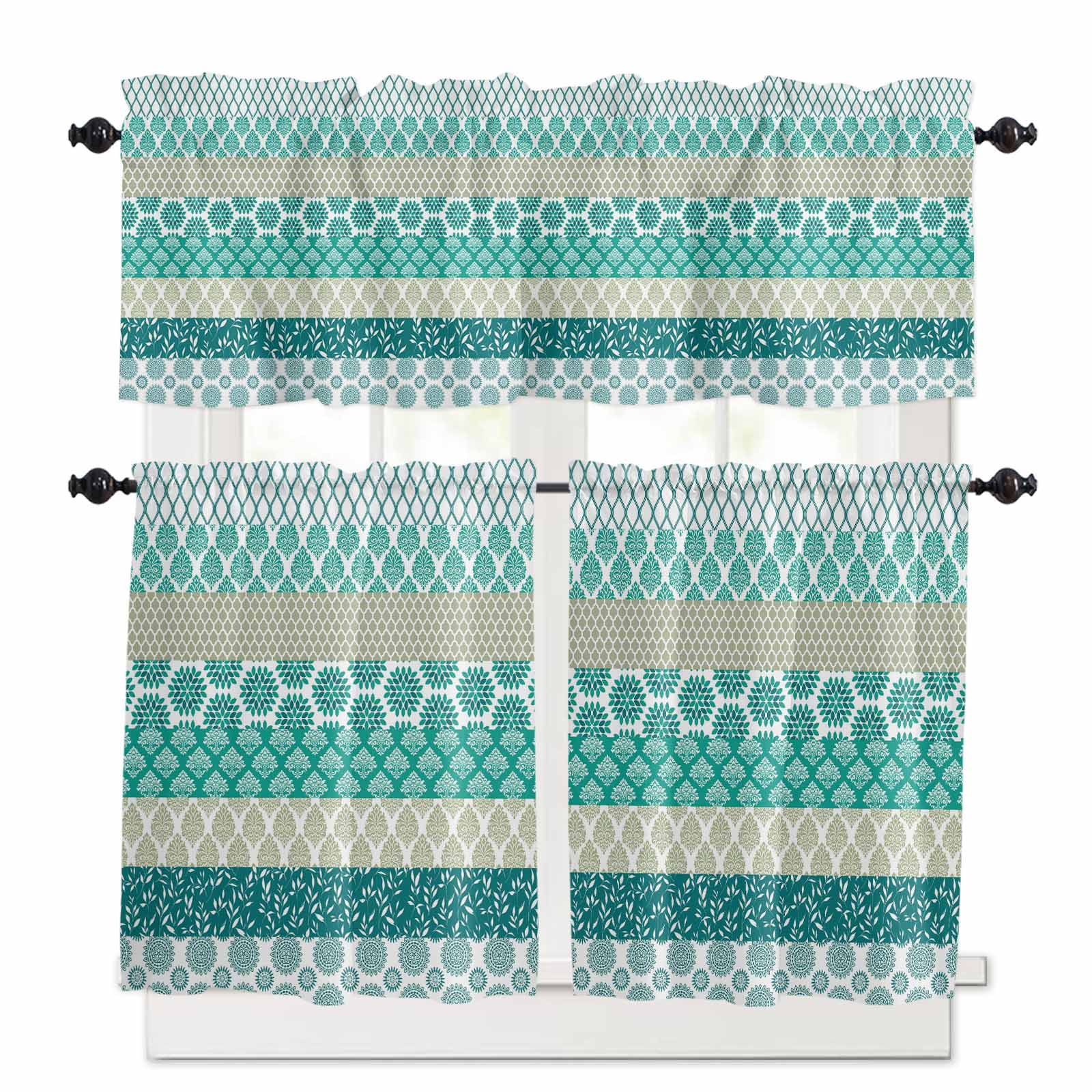 Abstract Bohemian Kitchen Curtains Valance and Tier Set Teal Green Boho ...
