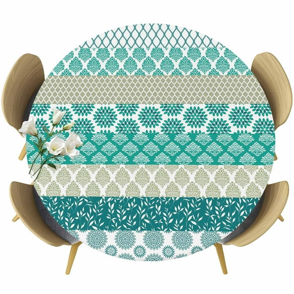 Abstract Bohemian Round Fitted Tablecloth with Elastic Edge, Teal Green ...