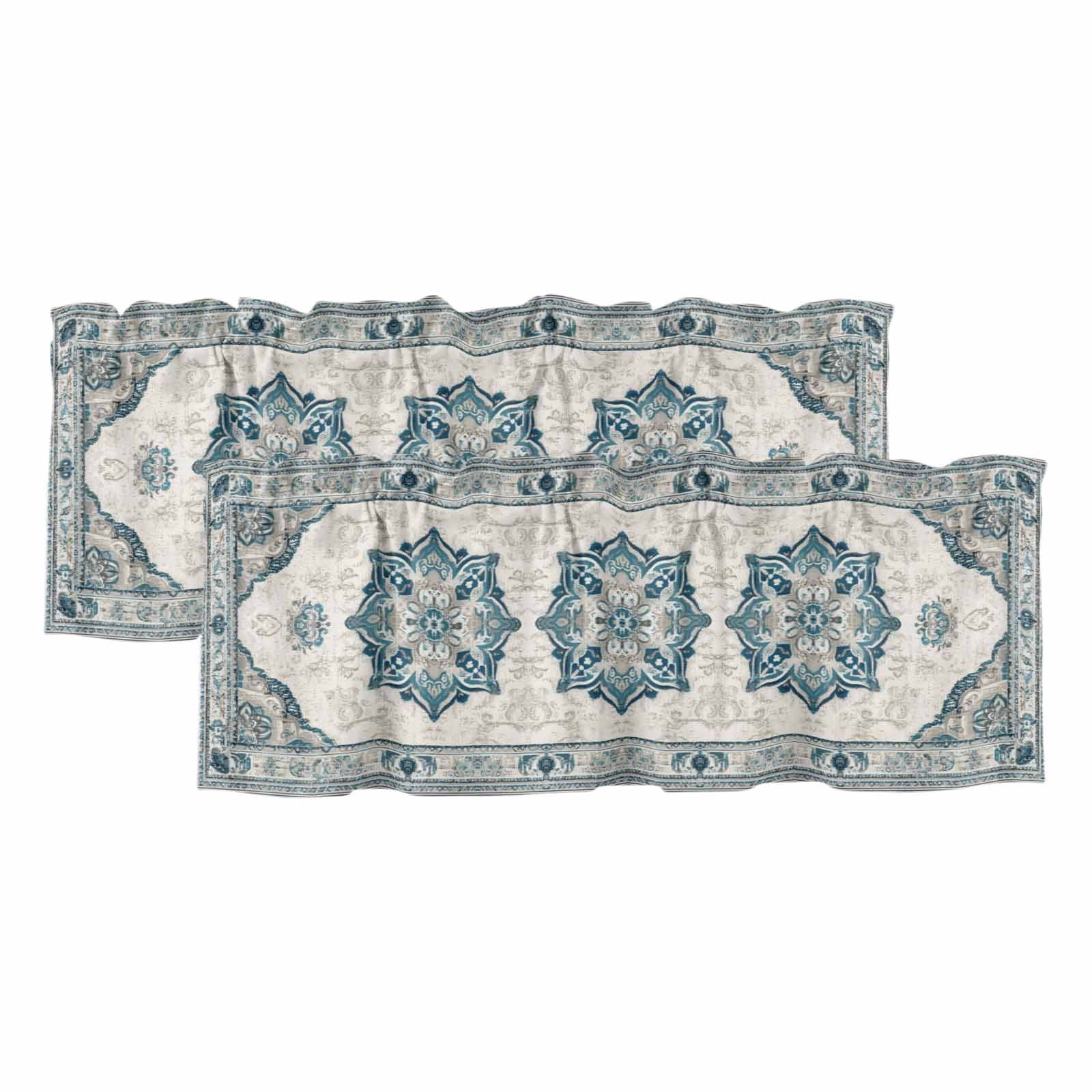 Abstract Boho 2 Panels Kitchen Valance, Vintage Blue Beige Botanical ...