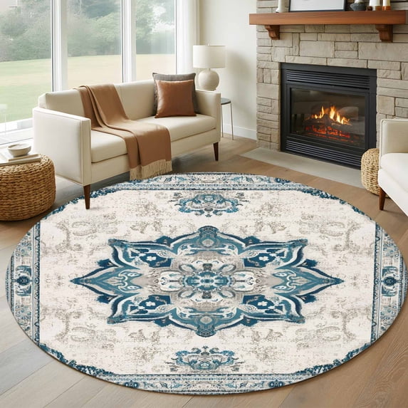 Abstract Boho 5FT Round Area Rugs for Living Room Vintage Blue Beige ...