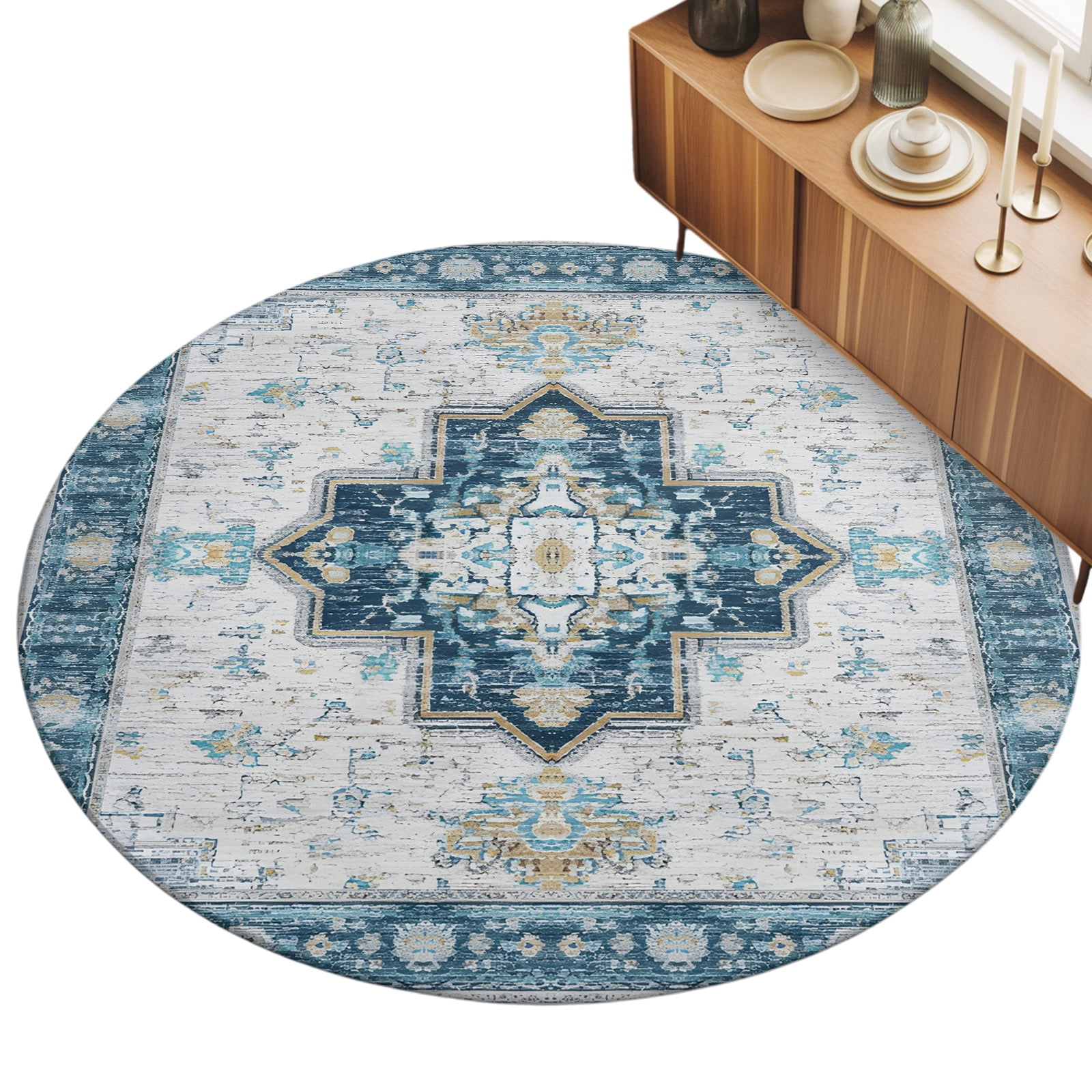Abstract Boho Area Rug, Vintage Blue White Botanical Texture Non-Slip ...