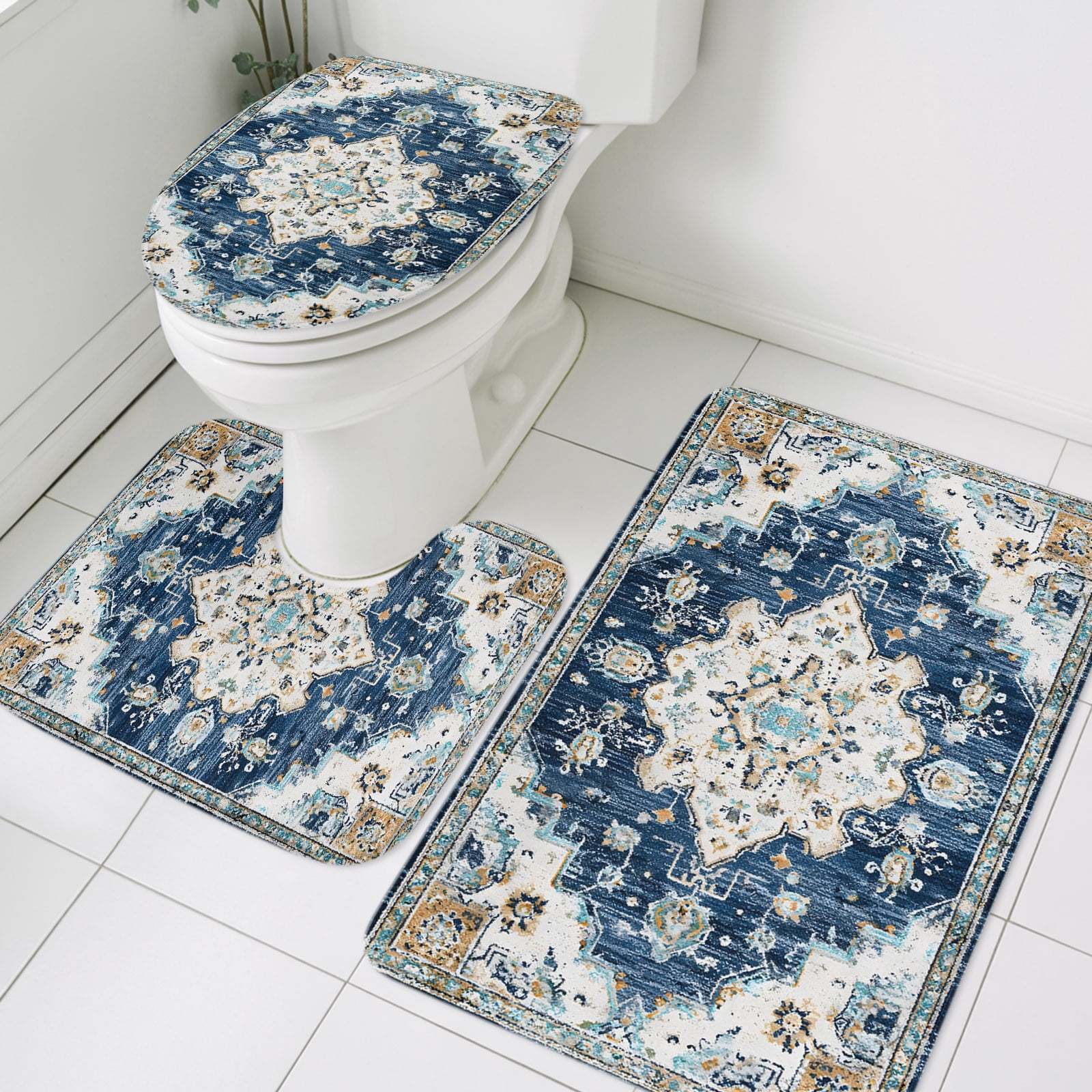 Abstract Boho Bathroom Rugs Set Vintage Deep Blue Beige Botanical ...