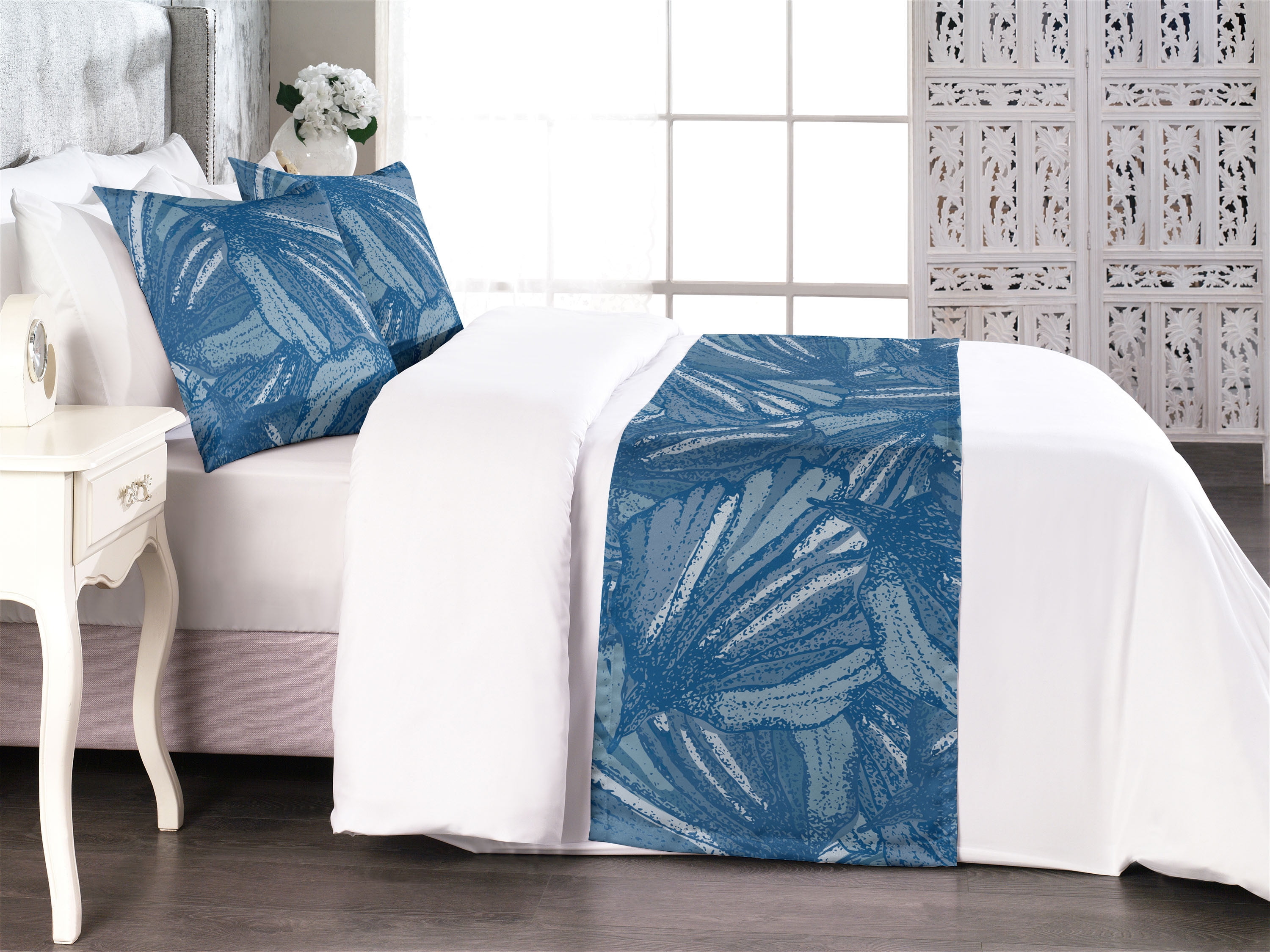 Abstract Boho Bed Runner Set, Aquatic Colors Grunge Design Floral ...