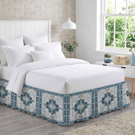 Abstract Boho Bed Skirt Queen Size 18 Inch Drop, Vintage Blue White ...