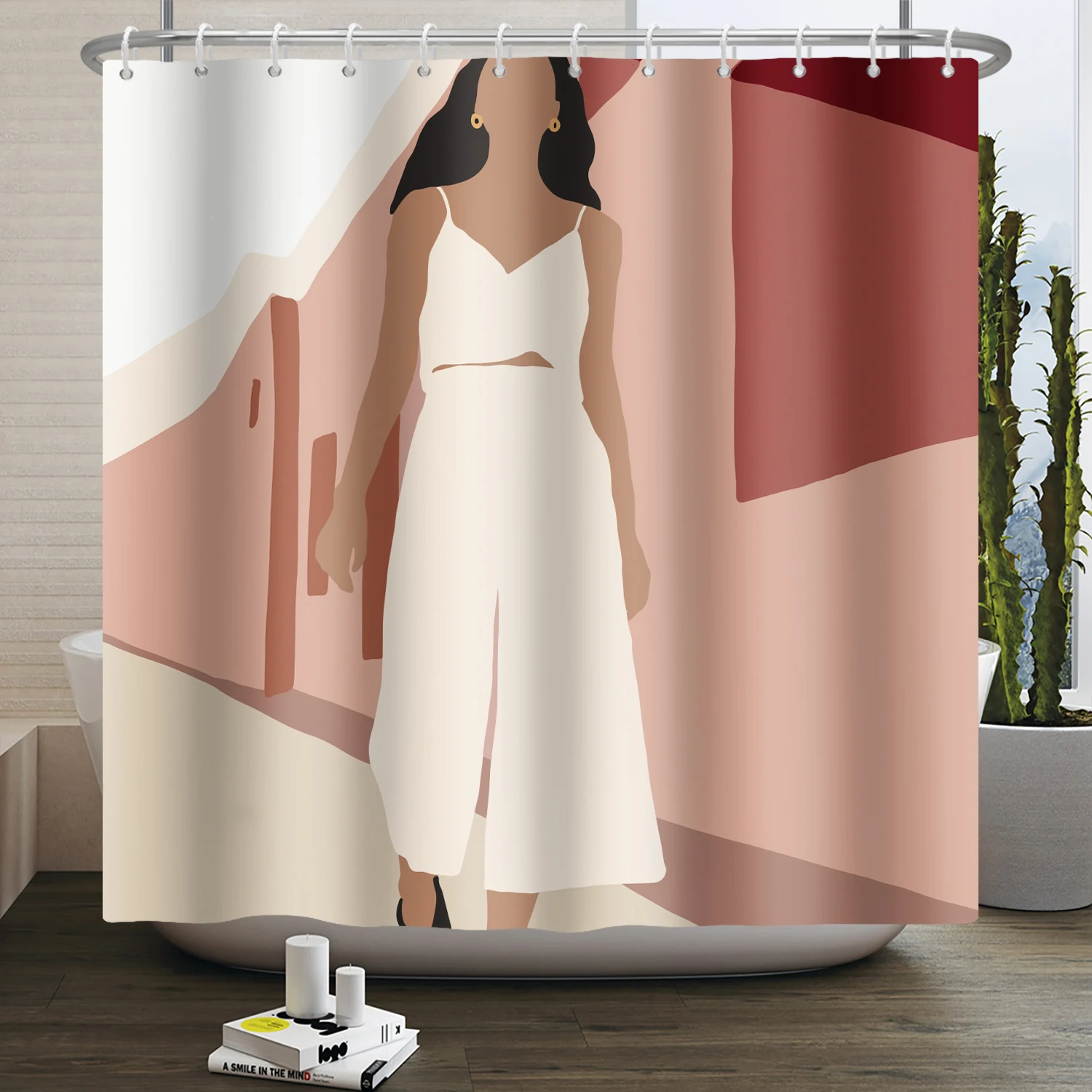 Abstract Boho Black Girl Shower Curtain Botanical Plant Leaves Mid ...