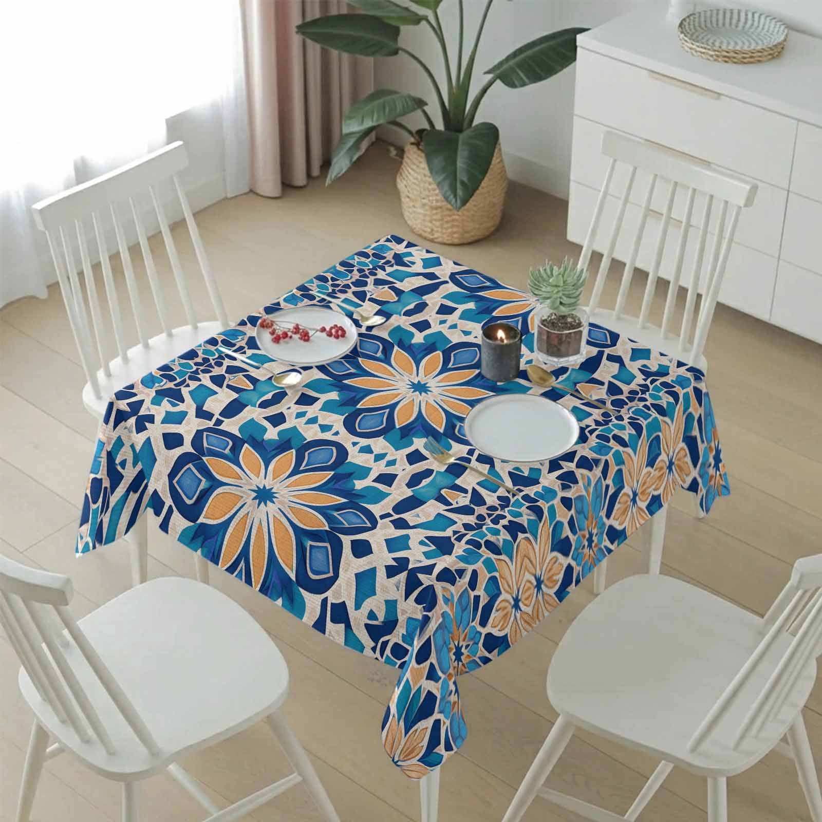 Abstract Boho Blue Yellow Flower Table Cloth 54x54in, Waterproof Square ...