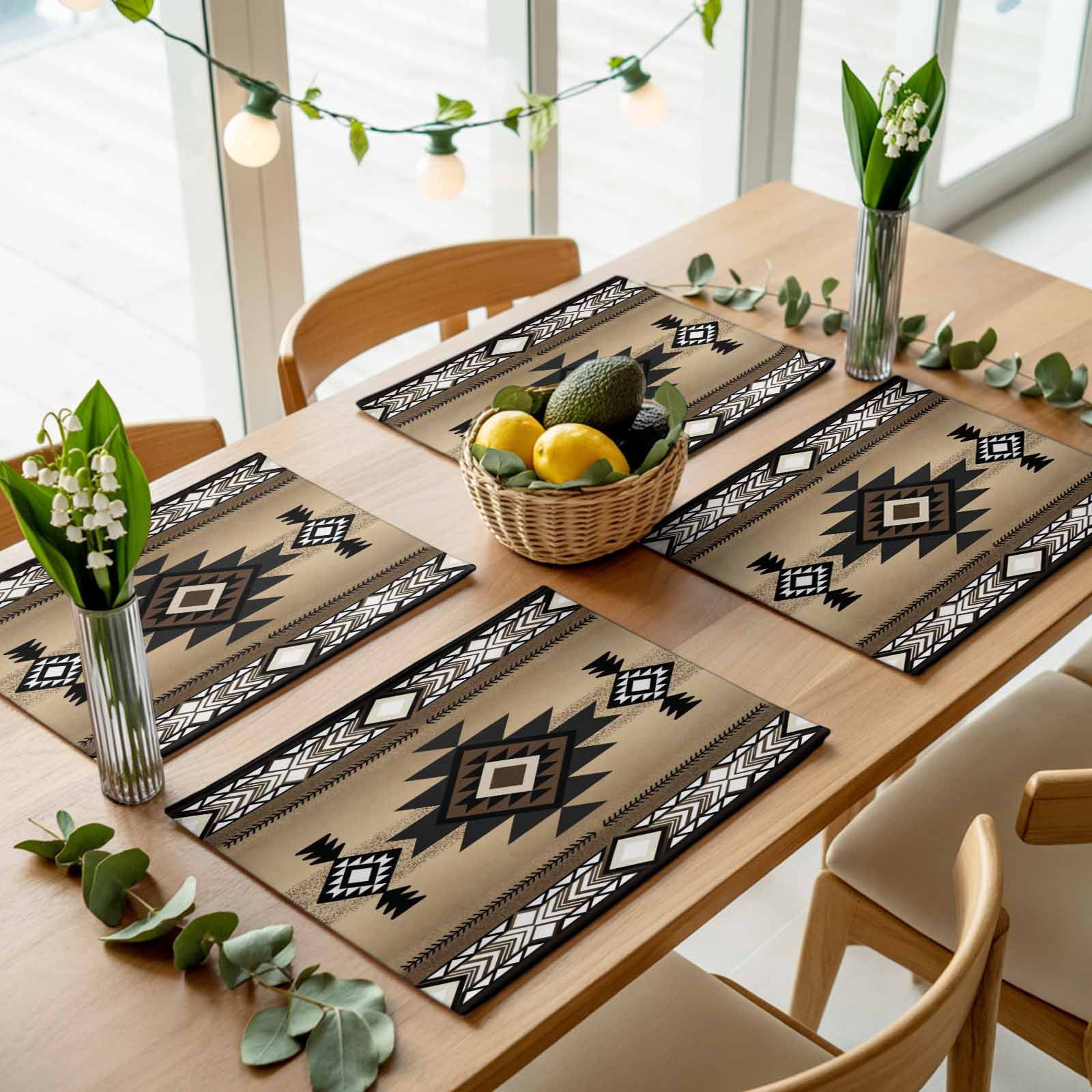 Abstract Boho Brown Geometric Pattern Placemats Set of 4,Wipeable ...