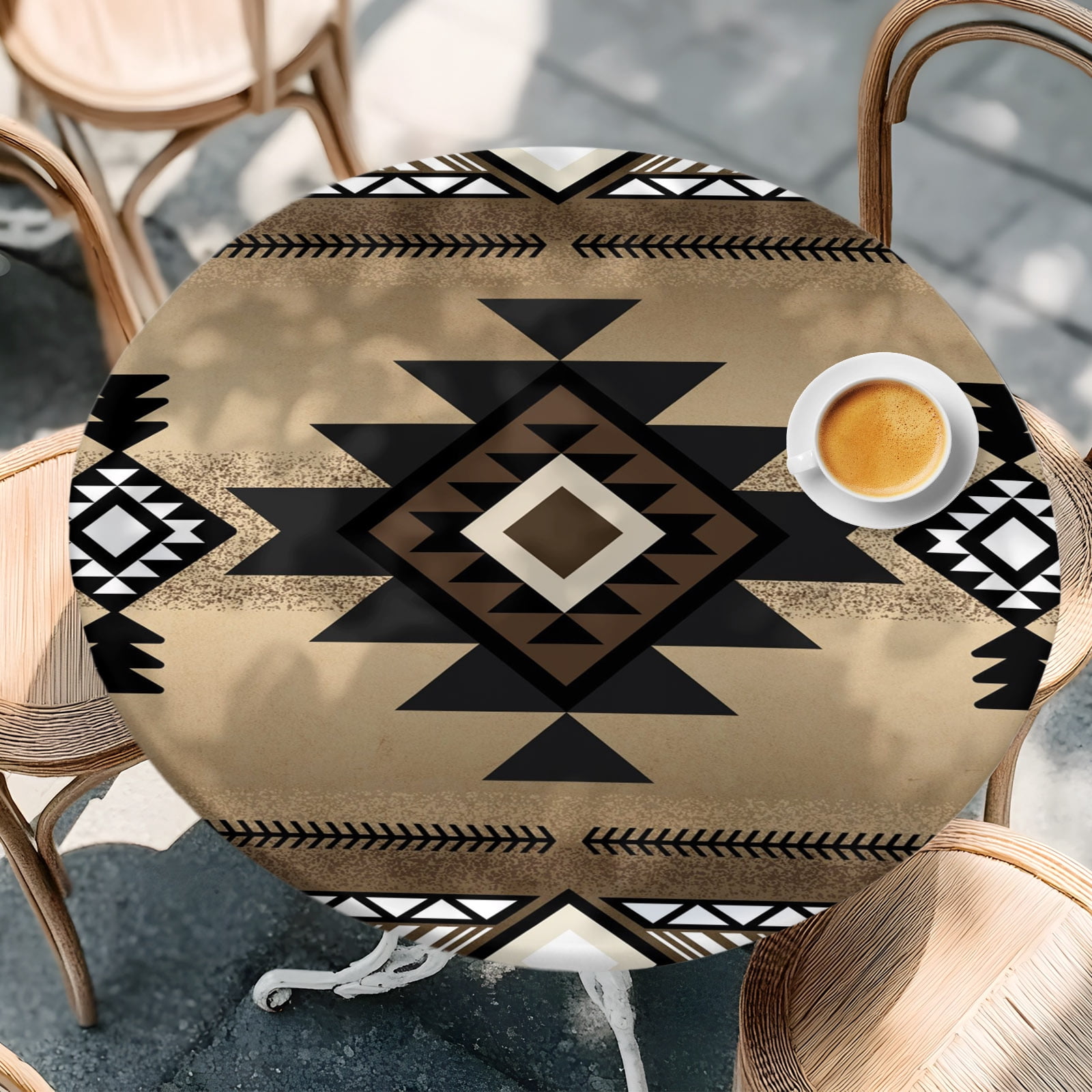 Abstract Boho Brown Geometric Pattern Round Fitted Tablecloth with ...