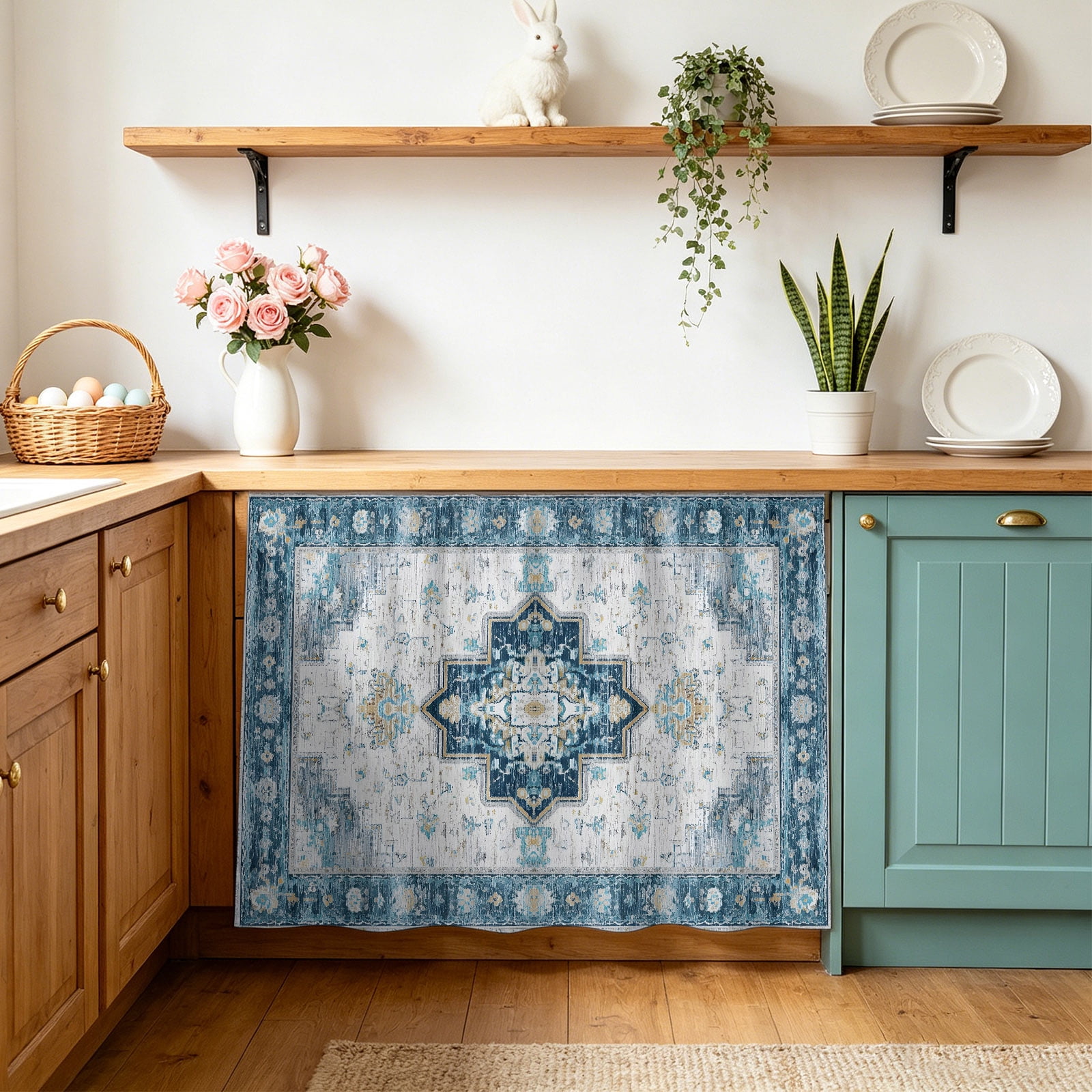 Abstract Boho Cabinet Curtains 11" W x 13" L Vintage Blue White ...